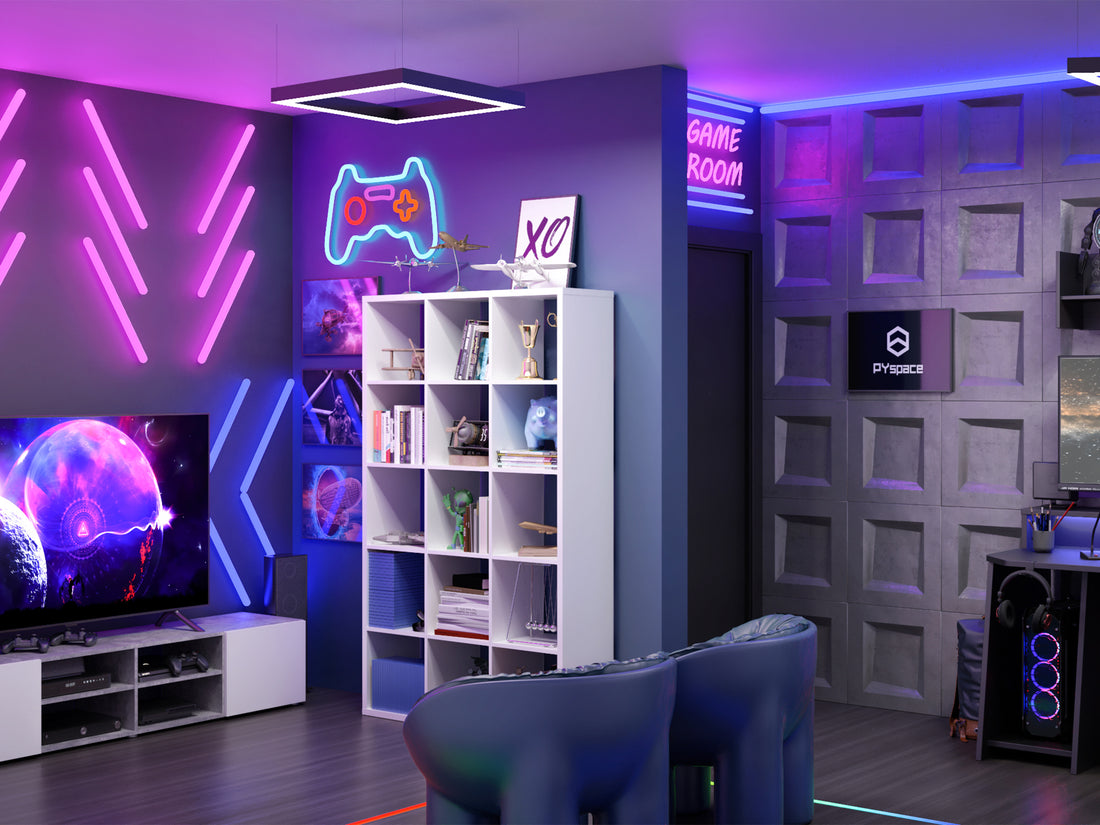 Pokój gamingowy ze stanowiskiem konsolowym i oświetleniem led – PYspace